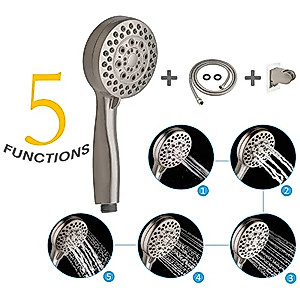 High Pressure Handheld Shower Head, 3.5 inch Face 5-Setting Handheld Shower Head Set with 79-inch Stainless Steel Shower Hose, Adjustable Shower Arm Mount Bracket, Tool-free Install/Brushed Nickel