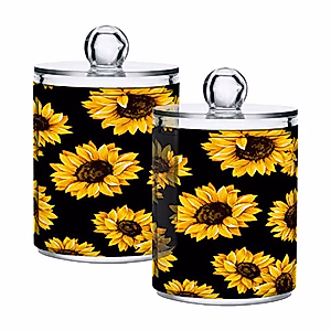 Kigai Sunflower Qtip Dispenser Apothecary Jars Bathroom, 2 Pack of 14 oz - Qtip Holder Storage Canister Clear Plastic Acrylic Jar for Cotton Ball, Cotton Swab, Cotton Round Pads, Floss
