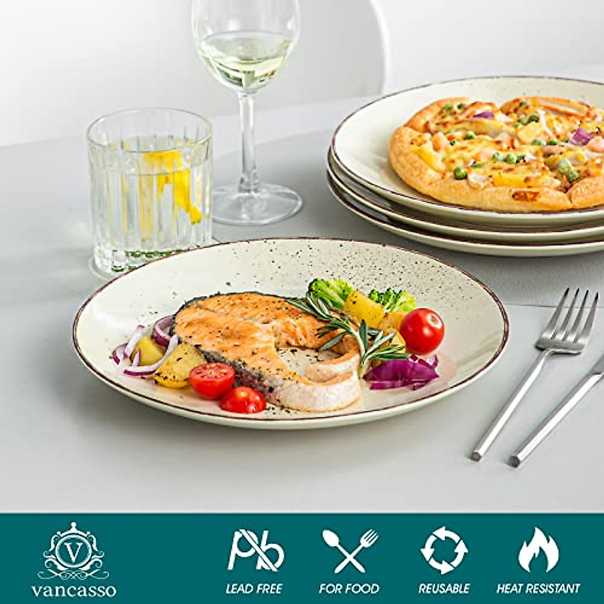 vancasso Navia Nature Dinner Plate Set of 4, Stoneware Vintage Look Cream Dinnerware Tableware, 10.5 Inch Snack/Salad/Fruit/Side Plate