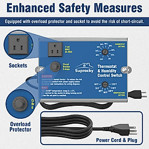 Suprocky Adjustable Dual Thermostat and Humidity Control Switch with Socket and Overload Protector, Can Be Connected to Two Fans, Surface Spraying, for Power Attic Ventilators