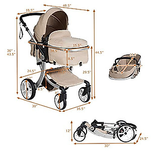 HONEY JOY Baby Stroller, High Landscape Convertible Infant Bassinet Stroller, Adjustable Canopy & Backrest, Storage Basket, Foot Cover, Foldable Newborn Carriage Pram Stroller (Beige)