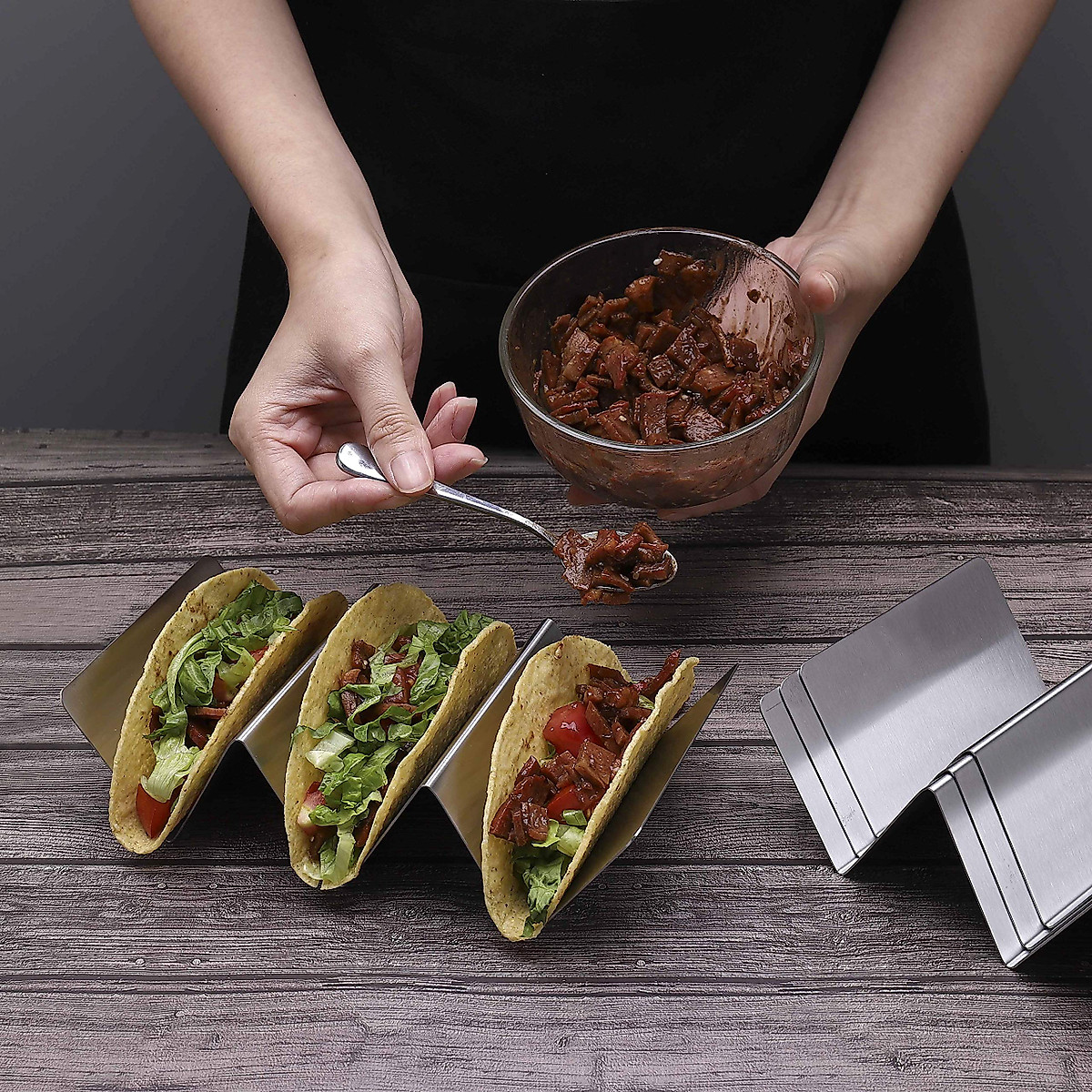 Taco Holder Stainless Steel Set of 4,Taco Stand Up Holders for Soft & Hard Shell Tacos,Oven, Grill and Dishwasher Safe,Perfect for Taco Tuesday,Mexican Fiesta, Cinco De Mayo Parties.