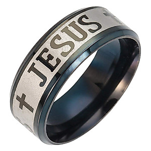 JAJAFOOK Jewelry 8mm Black Stainless Steel Christian Christ Jesus Cross Letter for Unisex Ring