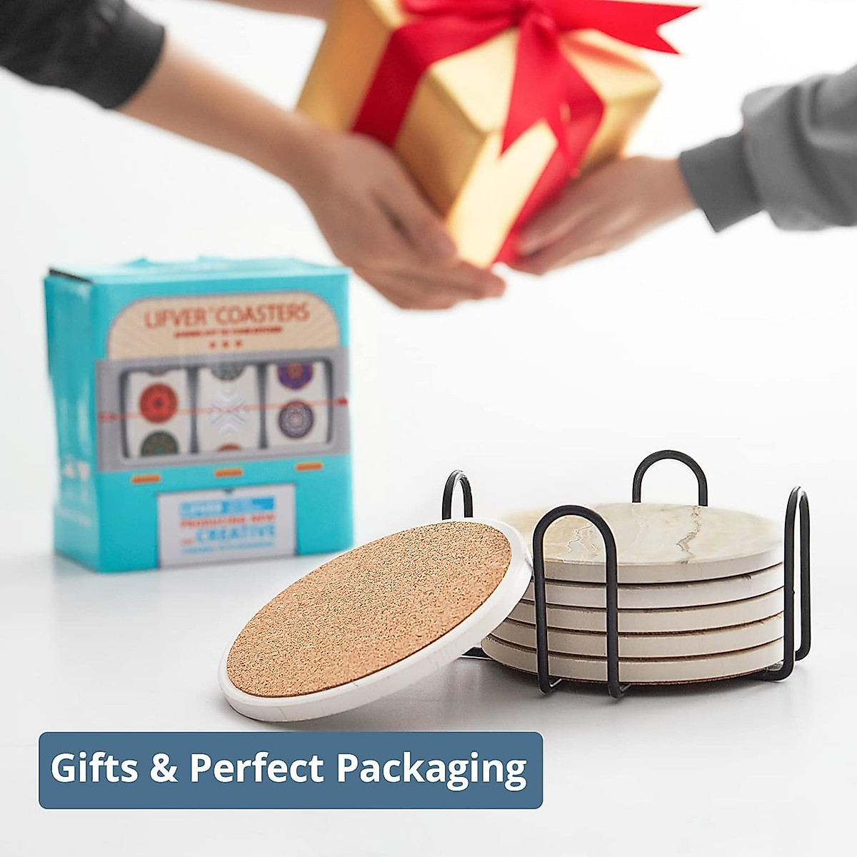 LIFVER Drink Coasters with Holder, Absorbent Coaster Sets of 6, Marble Style Ceramic Drink Coaster for Tabletop Protection,Suitable for Kinds of Cups, Wooden Table, Cool Home Decor, 4 Inches