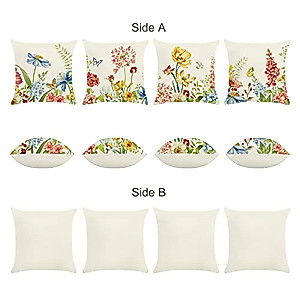 Bonhause Spring Floral Throw Pillow Covers 18x18 Set of 4 Garden Flower Decorative Pillows Case Polyester Linen Cushion Covers for Couch Sofa Garden Patio Decor