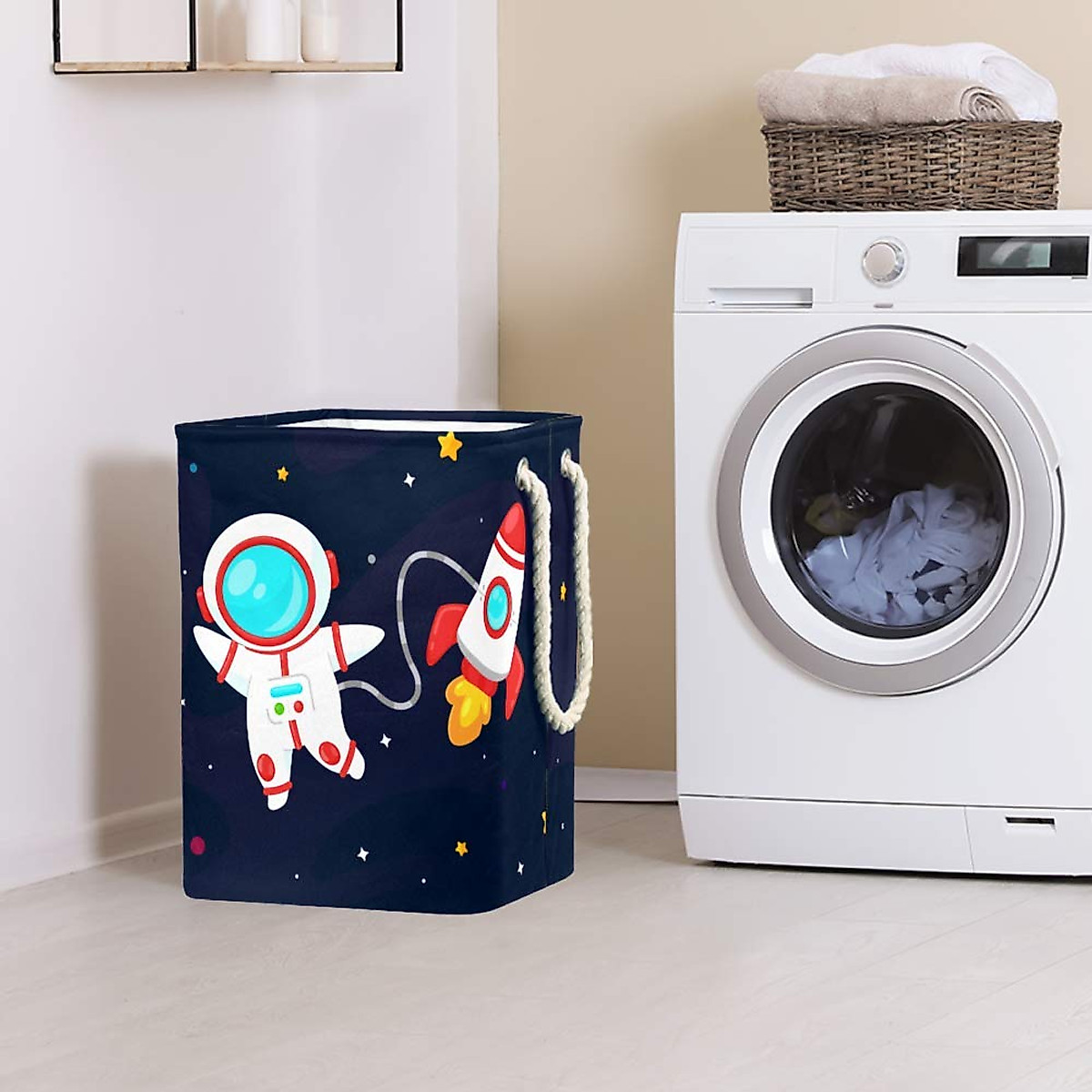 Laundry Hamper Space Traveler Rocket Cartoon Kids Collapsible Storage Basket for Nursery Playroom 19x11.8x16in