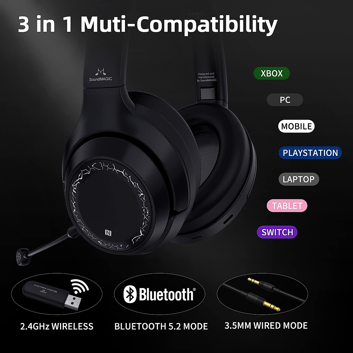 SoundMAGIC P60BT GM Performance Wireless Gaming Headset - Surround Sound 2.4GHz USB/Bluetooth Headphones 50 Hours Lasting Lower Latency Compatibility for PC Mobile PS4 PS5 Xbox Consoles