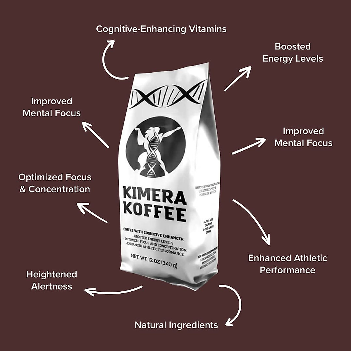 Kimera Koffee - Organic Medium Roast Ground Coffee | Original Blend | Infused with Brain Vitamins |Taurine, Alpha GPC, DMAE, and L-theanine | Enhance Cognitive Stamina & Athletic Performance | 12oz