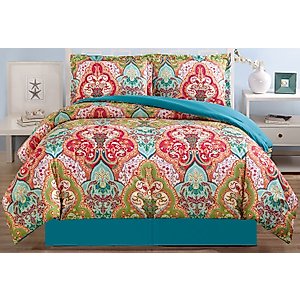 3-Piece Fine Printed Duvet Cover Set Queen Size - Double Brushed Soft Microfiber - Luxury and Durable in Turquoise Blue, Sage Green, Orange and Red Colors