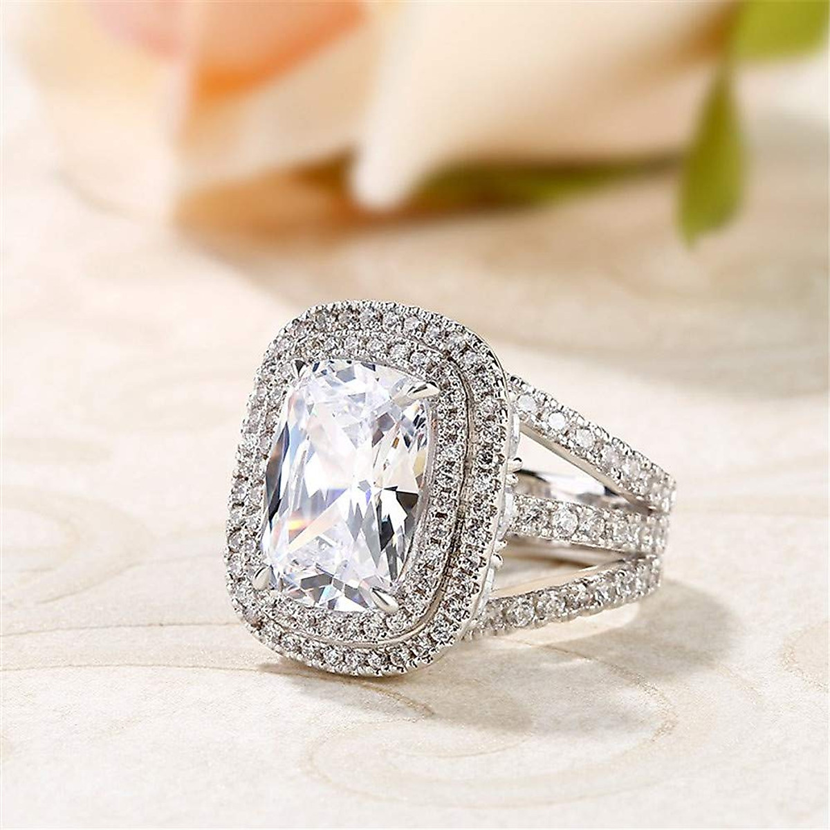 Jeulia Double Halo Cushion Cut Engagement Rings 925 Sterling Silver Diamond Wedding Rings Cubic Zirconia Promise Anniversary Rings for Her Romantic Jewelry Gift (9.5)