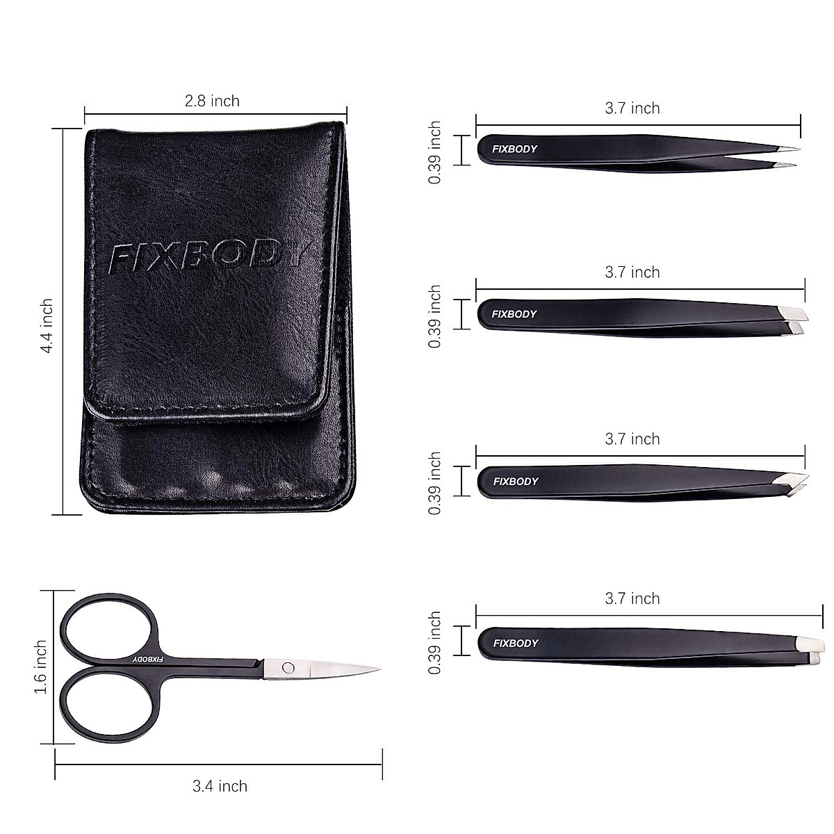 FIXBODY Tweezers Set 5-Piece - Professional Stainless Steel Tweezers with Curved Scissors, Best Precision Tweezer for Eyebrows, Splinter & Ingrown Hair Removal with Leather Travel Case