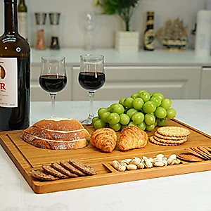 Large Bamboo Wood Cutting Board for Kitchen, Butcher Block, Chopping Cheese Carving Board, Serving Tray with 3 Built-In Dividers And Juice Grooves (17x12.6x0.62 Inch)