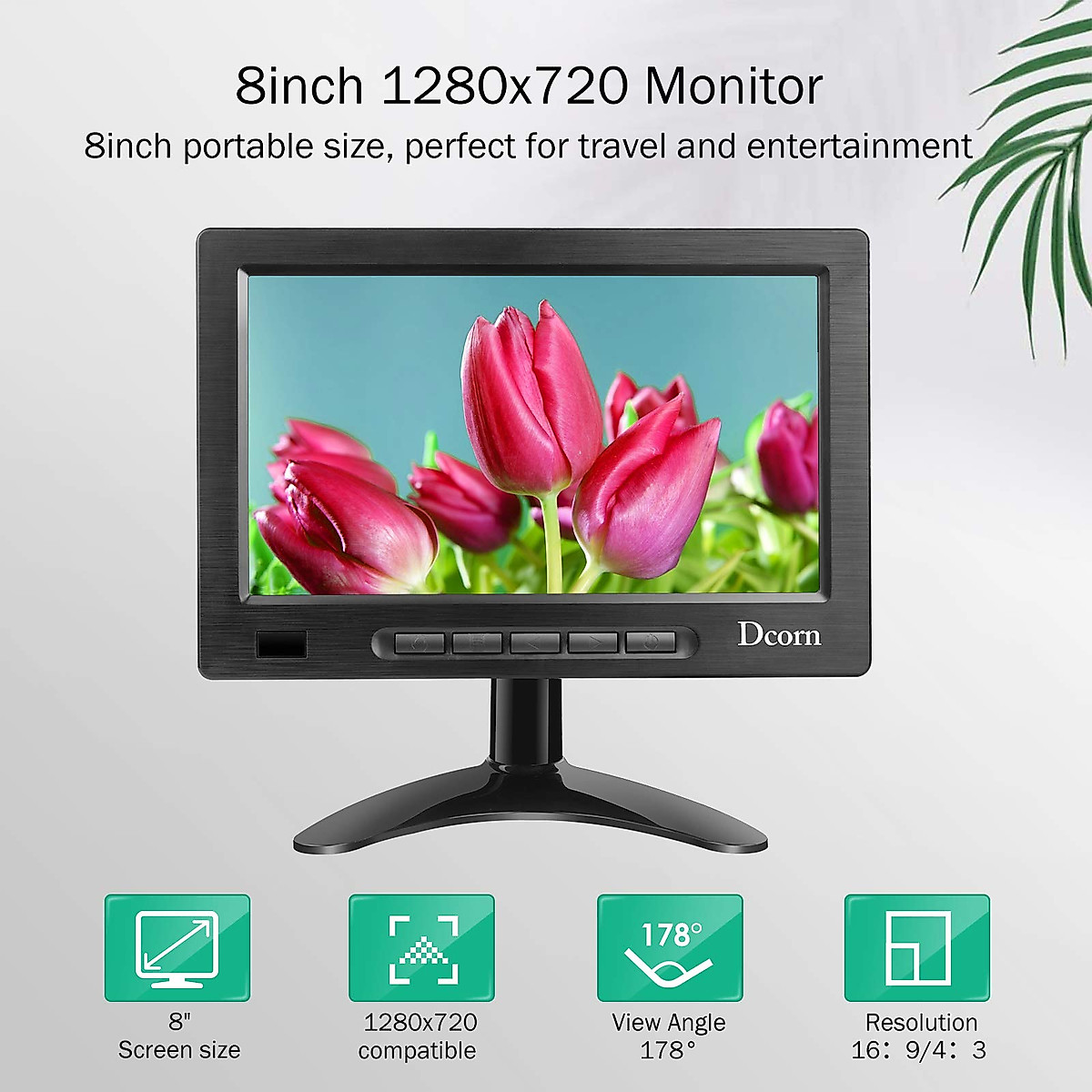 Dcorn 8 Inch Mini Monitor,Small HDMI Monitor 1280x720 16:9 IPS Metal Housing Computer Monitor Support HDMI/VGA/AV/BNC Input with Wall Bracket&Remote Control,178 Full Viewing w/Speaker