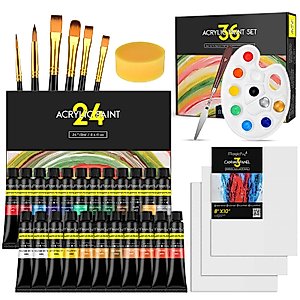 Magicfly 36 Pcs Acrylic Paint Set, 24 Colors(12 ml/0.4 oz) Rich Pigments Acrylic Paint Kit with 6 Paint Brushes, 3 Canvas Panels, 1 Paint Knives, 1 Palette & Sponge, Ideal Gifts for Beginners, Kids