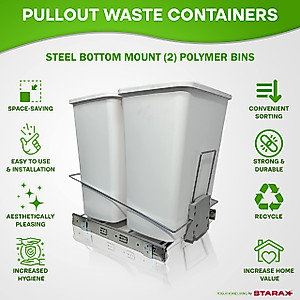 Yogui Home Living by Starax Double 35-Quart Trash Bin Cabinet Pullout System - 2 White Waste/Recycling Bins - Easy-Installation Polished Chrome Ball-Bearing Garbage Slider - (Not Include Can)