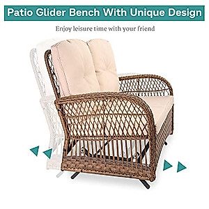 MEETWARM Outdoor Wicker Patio Glider Set with Glass-Top Coffee Table, Loveseat for 2 Person Porch Furniture Glider, Patio Glider Rocking Bench with Thickened Cushions