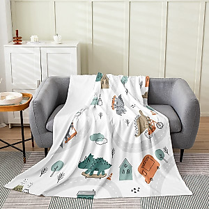 Dinosaur Blanket Baby 30x40 Inch, Cute Dino Throw Blanket, Hand Drawn Cartoon Skateboard Bike Cars Fleece Blanket, Green Grey Vehicle Wild Kawaii Animal Luxury Soft Fuzzy Blanket for Kids
