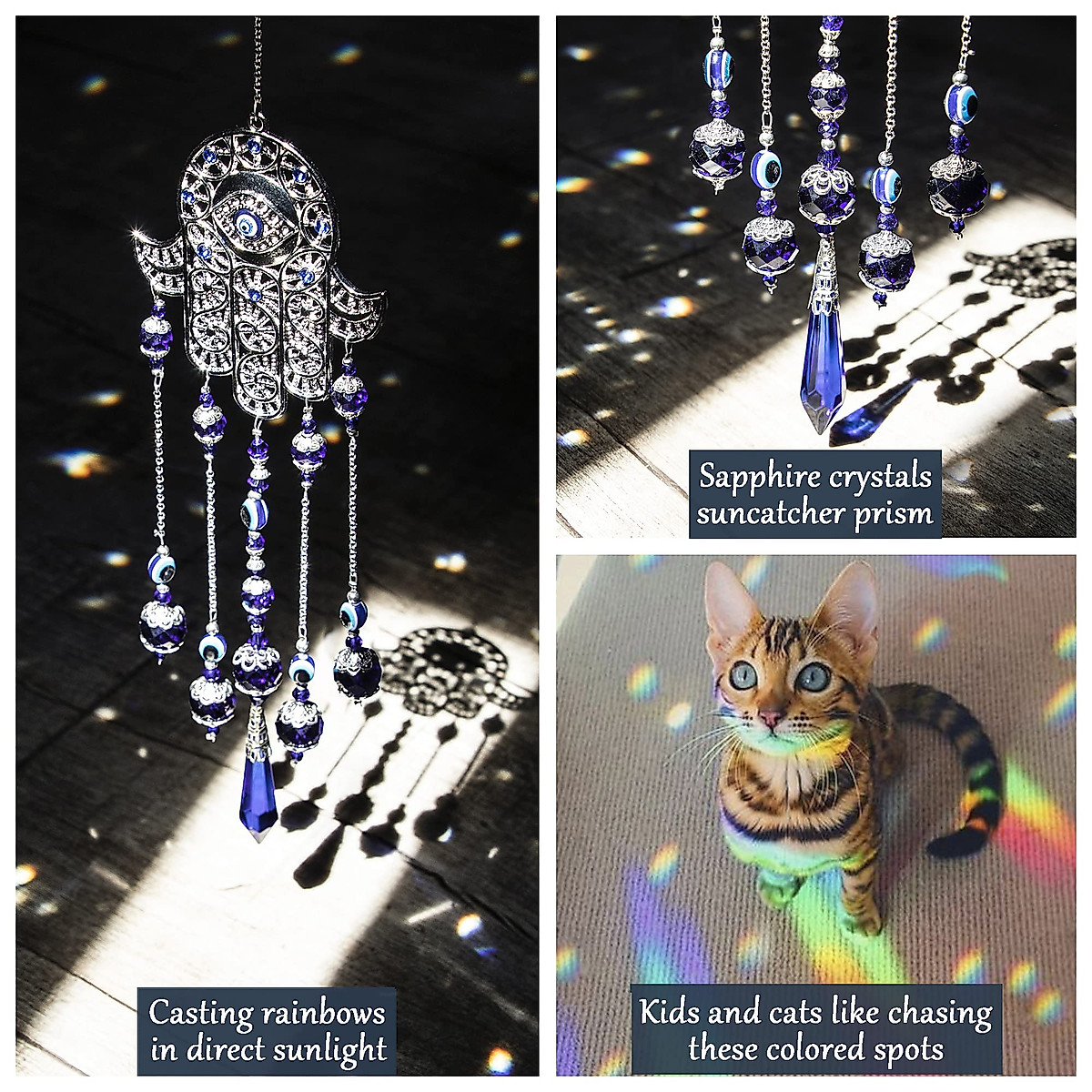 Crystal Prism Suncatcher Ornament with Hamsa Fatima Hand Protection Charm Turkish Greek Blue Evil Eye Sapphire Crystals Beads for Window Hanging Decoration