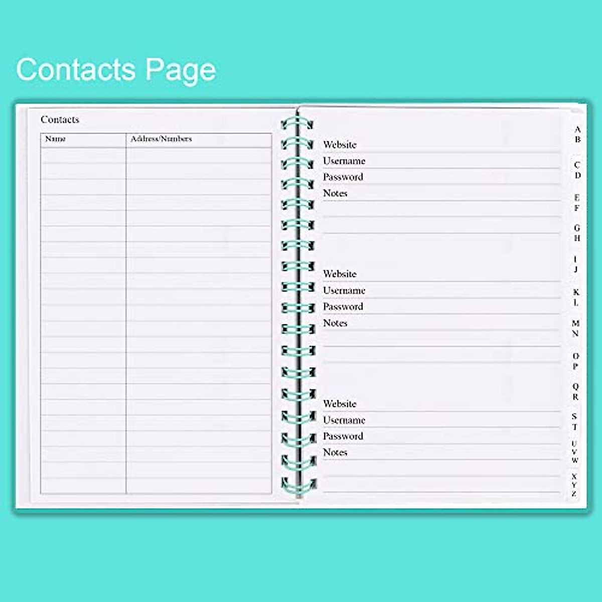 Nokingo Spiral Password Book with Alphabetical Tabs - 5x7 inch Password Organizer with A-Z Tabs for Internet Login, Website, Username, Password. Password Keeper for Home or Office, PU Cover, Teal