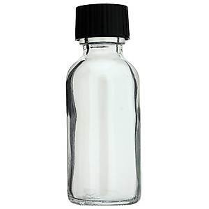 AURA VARIETY 144 PACK BOSTON ROUND 1 OZ 30 ML CLEAR GLASS BOTTLES WITH POLY CONE LINED BLACK CAPS