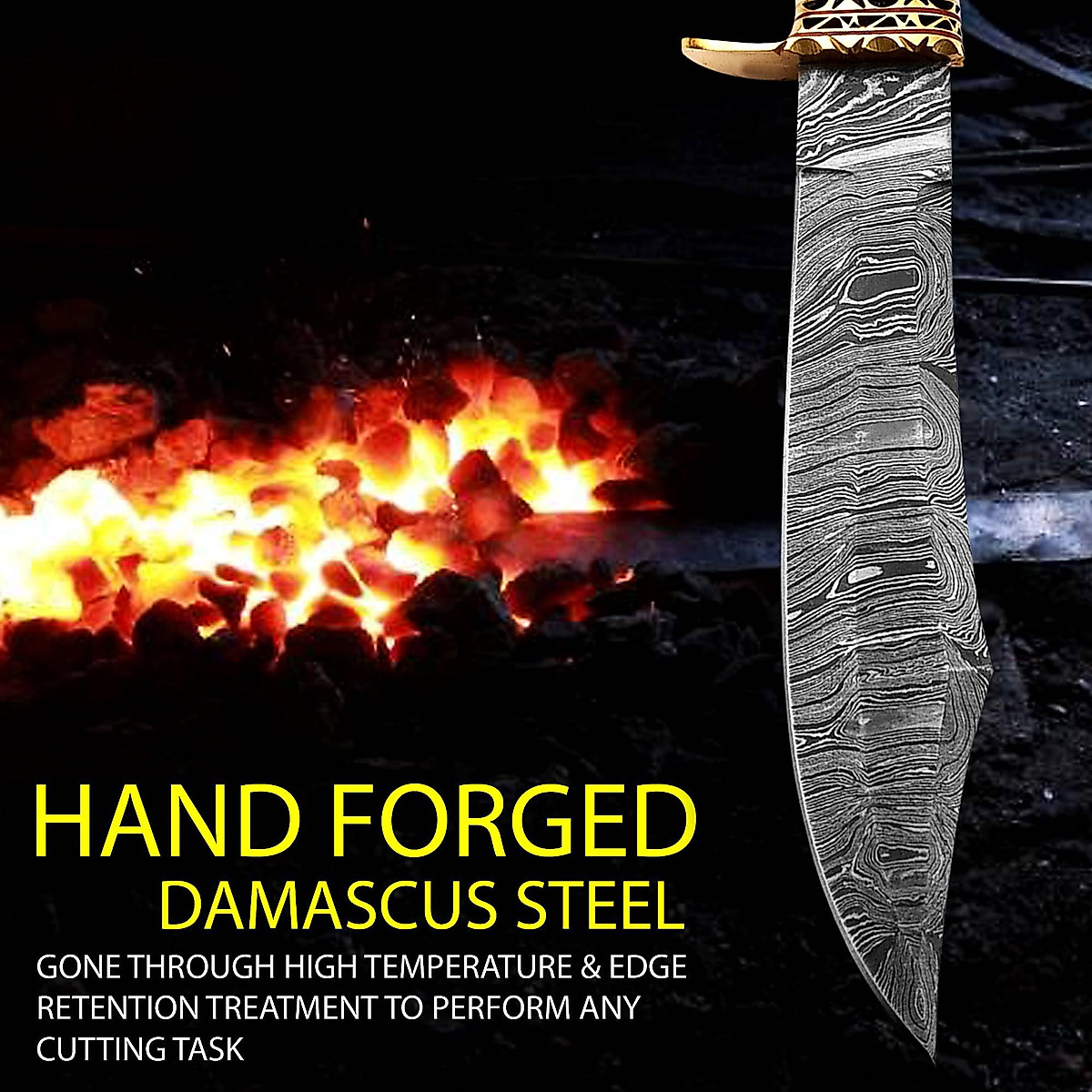 Skokie Knives Custom Hand Made Damascus Steel Hunting Knife Handle Camel Bone (Green)