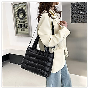 UMRFNO Puffer Tote Bag, Quilted Tote Bag for Women Luxury Shoulder Bag Down Winter Handbag Top Handle Bag Pillow Bag (Black)