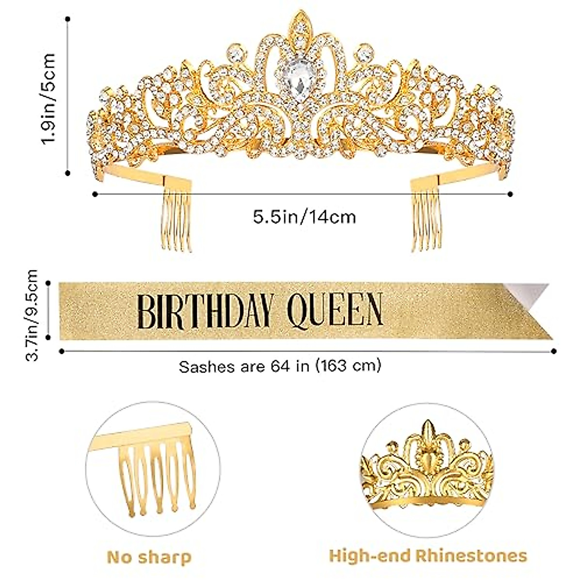 GINZU Birthday Queen Sash and Crystal Tiara Set, Gold Tiara and Crowns for Women Birthday Gift for Girl Kit Decorations Set Rhinestone Hair Accessories Glitter Stain Silk Sash for Party