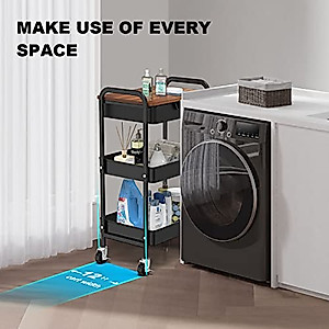Aratan Utility Rolling Cart with Table Top, 3 Tier Metal Storage Cart with Drawer, Kitchen Organizer Cart with Handle and Locking Wheels for Bathroom Office Balcony Living Room (Black)