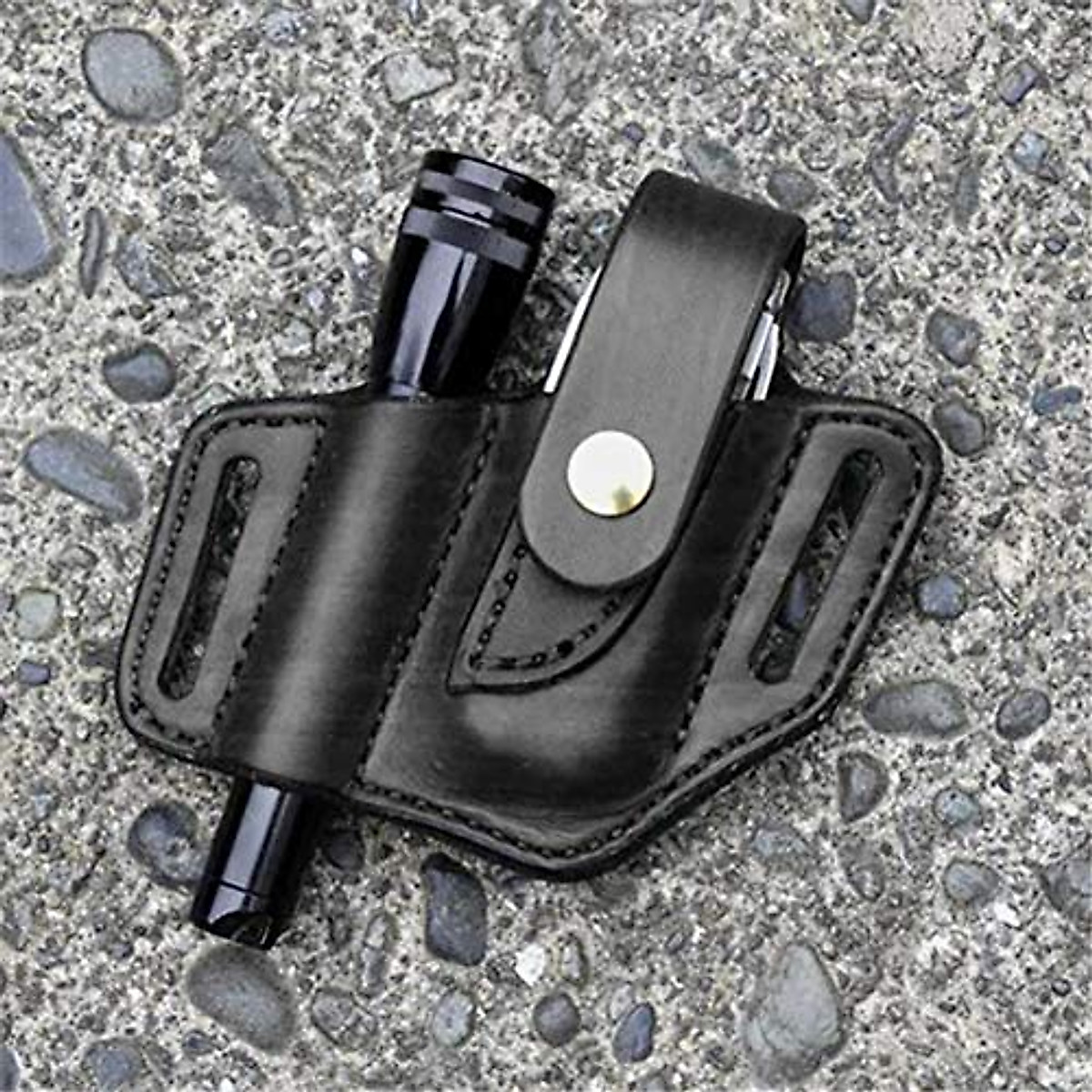 Timpfee Knife Belt Sheath,Leather Sheath, Knife Leatherman Holster with Pen Holder, Key Fob Organizer Sheath for Belt and Flashlight Sheath Multitool Pouch Tactical Pens Tools Black