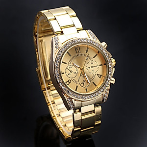 Top Plaza Unisex Gold Fashion Womens Mens Crystal Accented Analog Quartz Bracelet Watch (Golden)