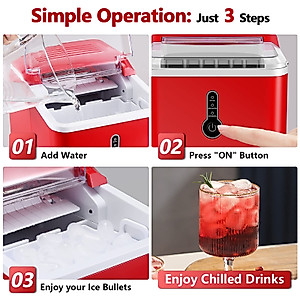 KUMIO Ice Makers Countertop, 26.5 Lbs/24H, 9 Bullet Ice Ready in 6-9 Mins with Ice Scoop and Basket, Compact Portable Ice Maker for Home Office Camping Party RV, Red