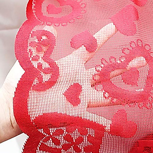 LaZimnInc Valentines Day Table Runner 72 x 13 Inch, Lace Embroidery Table Runners with Red Love Heart for Wedding Party Valentines Day Decorations