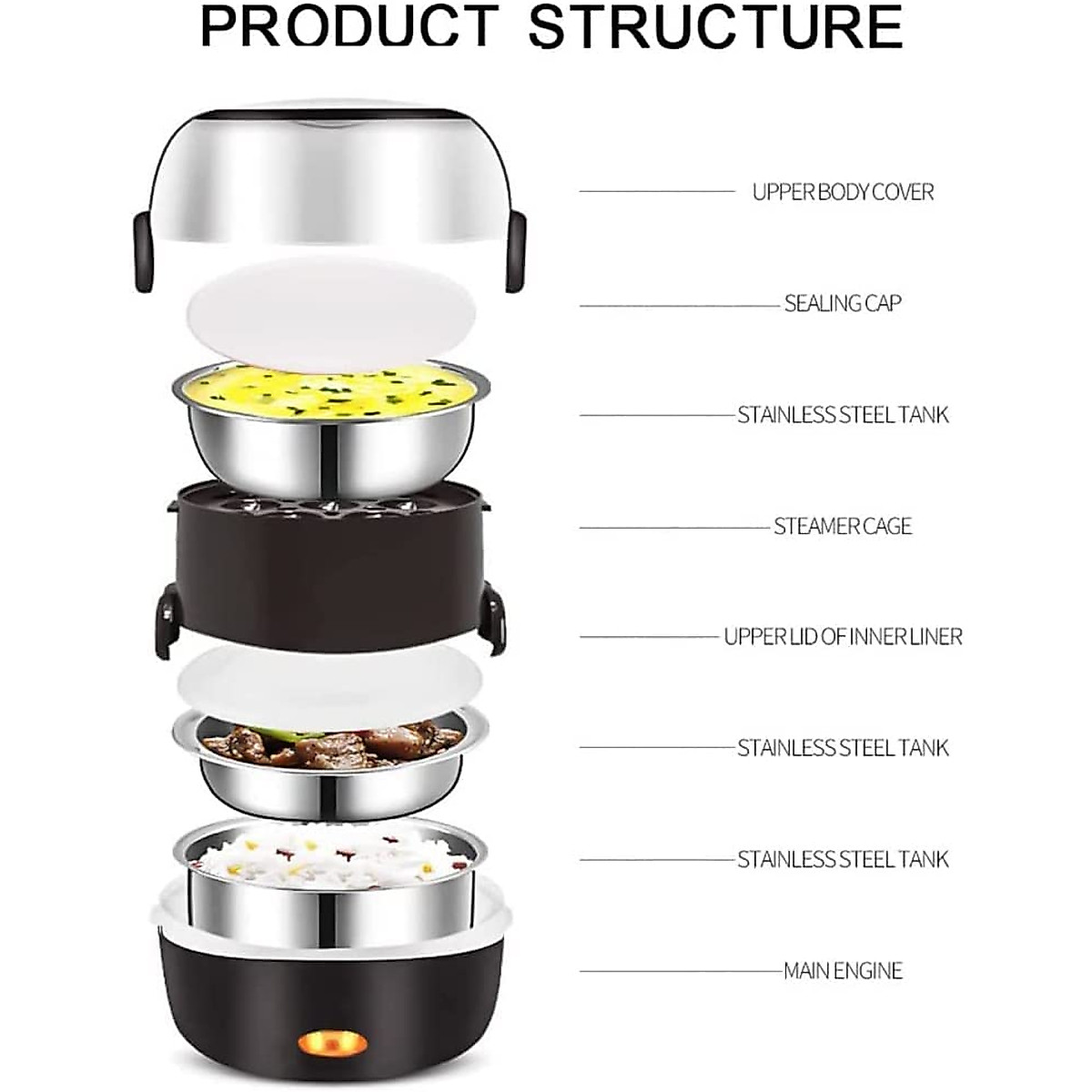 Lunch Boxes, Portable 3-Layer Electric Lunch Box 2L Heat Steamer Pot Heating Rice Cooker Food Insulation Rice Cooker 110v 200w Stainless Steel lunchbox