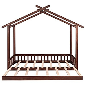 Tidyard Extending House Bed, Wooden Daybed, Walnut for Bedroom Dorm Guest Room Home Furniture
