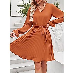 PRETTYGARDEN Women's Casual Spring Fall Dresses Long Puff Sleeve V Neck Pleated Ruffle Flowy Belted Dress (Brick Red,Medium)