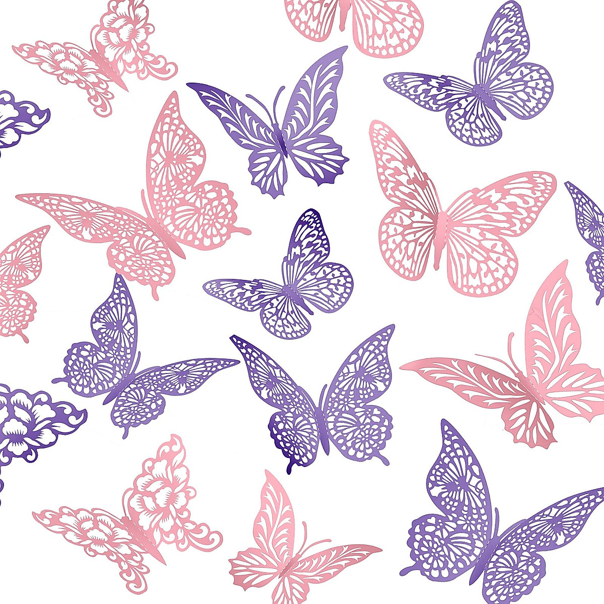 3D Gold Butterfly Wall Decor 48Pcs 3 Sizes 4 Styles Butterfly Party Decorations Cake Decorations Removable Stickers Wall Decor Room Mural Metallic Kids (Purple+Pink)