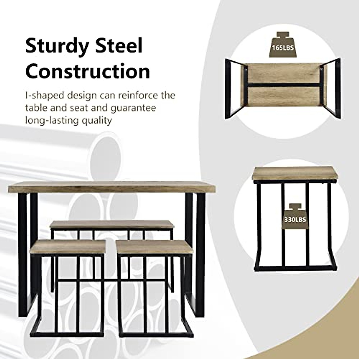 COSTWAY 4 Piece Dining Table Set, Modern Counter Height Kitchen Table Set for 4 w/Bench & 2 Stools, Sturdy Iron Structure, Space-Saving Dining Table and Chair Set for Home Pub Breakfast, Oak Grey