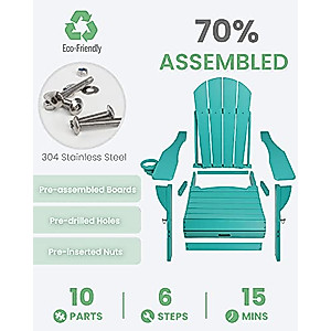 Ciokea Folding Adirondack Chair Wood Texture, Patio Adirondack Chair Weather Resistant, Plastic Fire Pit Chair with Cup Holder, Lawn Chair for Outdoor Porch Garden Backyard Deck (Lake Blue)