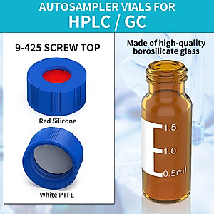 Autosampler Vials 2ml 1000 Pcs, Lab Amber Vials with Writing Area and Graduations, 9-425 Threaded Sample Vials, White PTFE & Red Silicone Septa