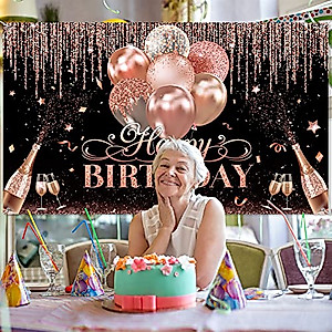 Black Silver Rose Gold Happy Birthday Party Decorations Supplies Glitter Balloon Birthday Party Backdrop for Women Girls Happy Birthday Banner Baby Shower Sweet 16 Photography Background Photo Booth