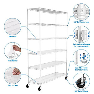 6 Tier NSF Metal Shelf Wire Shelving Unit, 6000lbs Capacity Heavy Duty Adjustable Storage Rack with Wheels & Shelf Liners for Commercial Grade Utility Steel Storage Rack, 82"H x 48"L x 18"D - White