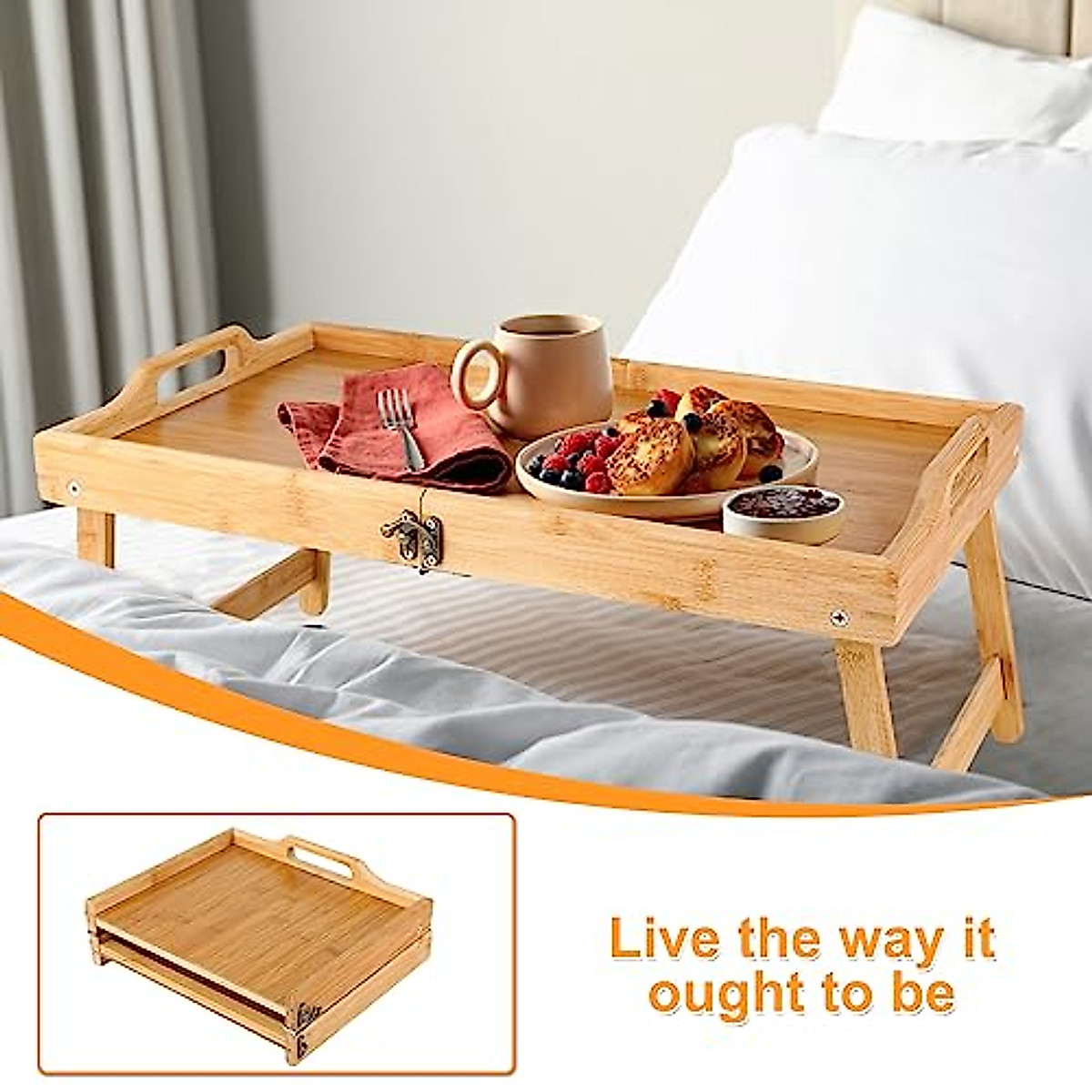 LIVSMON Foldable Bed Tray, Bamboo Breakfast Tray with Folding Legs, Serving Tray for Bed TV Table Desk Laptop Computer Snack Tray