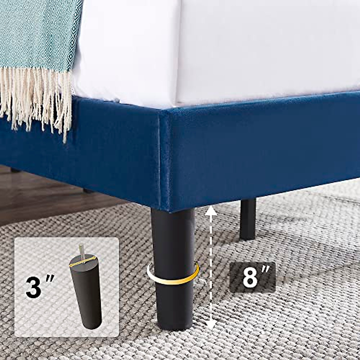 VECELO Twin Size Bed Frame, Upholstered Platform Bedframe, Adjustable Headboard, Wood Slat Support, No Box Spring Needed, Easy Assembly, Blue