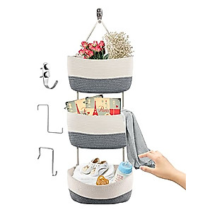 Over the Door Organizer, Honizer Hanging Baskets for Organizing, 3 Tier Over the Door Storage for Nursery Storage, Living Room, RV, Bedroom, Bathroom Storage- Grey&White (3 Hooks included)