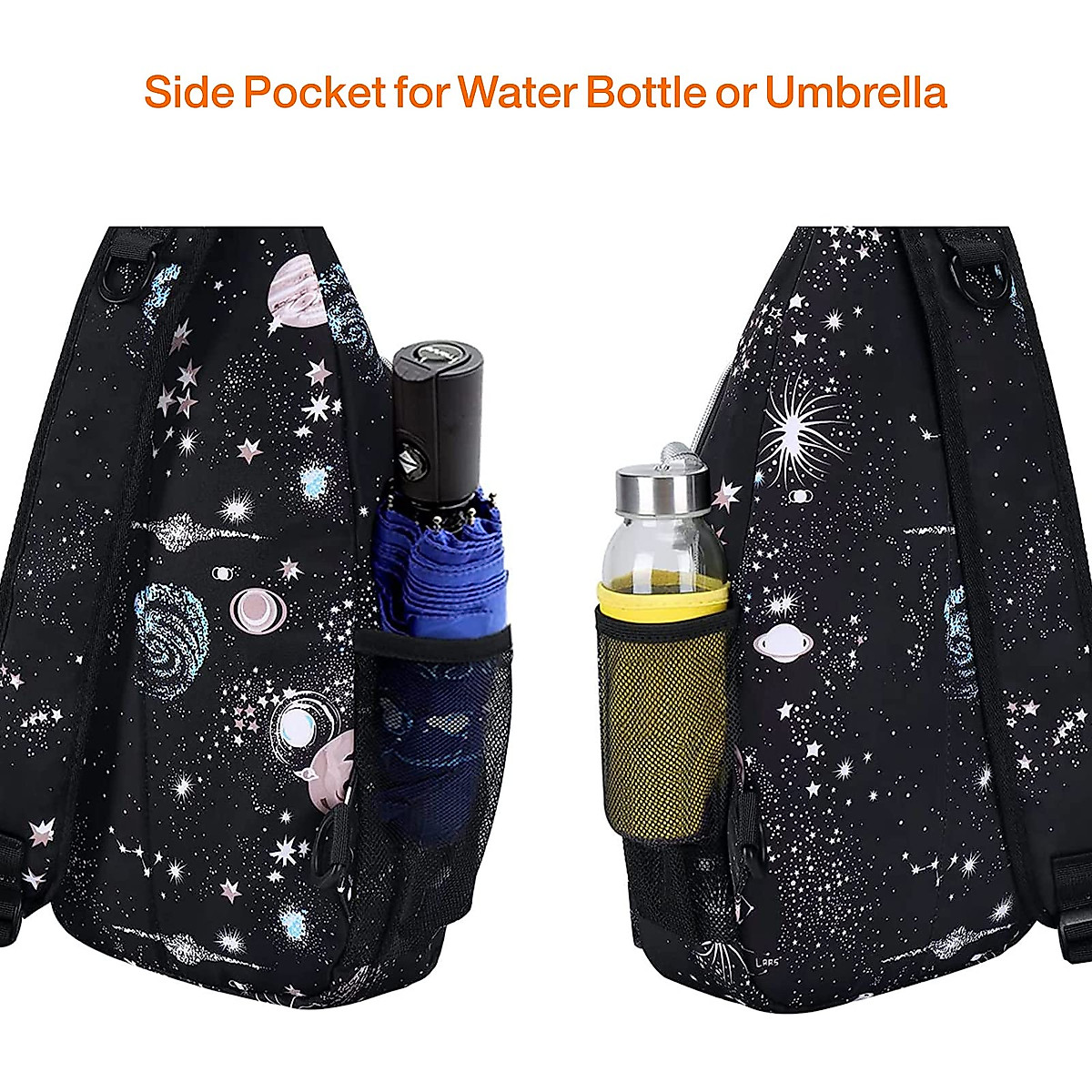 MOSISO Sling Backpack, Travel Hiking Daypack Galaxy Rope Crossbody Shoulder Bag, Black