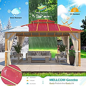 MELLCOM 12' x 14' Hardtop Gazebo, Wooden Finish Coated Aluminum Frame Outdoor Gazebo with Aluminum Double Roof, Claret Metal Gazebo with Curtains and Nettings for Patios, Gardens, Lawns