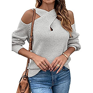 WLLW Womens Cross V Neck Sweaters Cold Shoulder Long Sleeve Casual Knit Pullover Halter Sweaters
