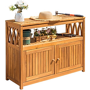 Devoko Outdoor Storage Cabinet,Weatherproof Outdoor Cabinet Acacia Wood Patio Cabinet with 2 Magnetic Doors and Shelve for Outdoor Storage,Outdoor Buffet Cabinet, TV Stand, Potting Table (Brown)