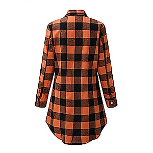 Hemlock Women Plaid Shirts Jacket Long Sleeve Button Down Blouses Tops Mid Long Shirt Coat Outwears Orange