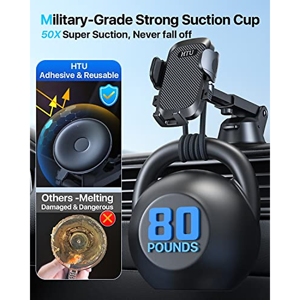 HTU Cell Phone Holder for Car [Powerful Suction Cup Never Fall] Universal Car Phone Holder Mount for Dashboard Windshield Air Vent Long Arm Cell Phone Car Mount Thick Case Heavy Phones Friendly